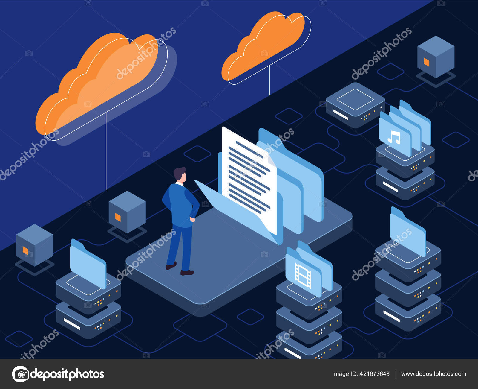 Isometric vector illustration of cloud storage in which the digital ...