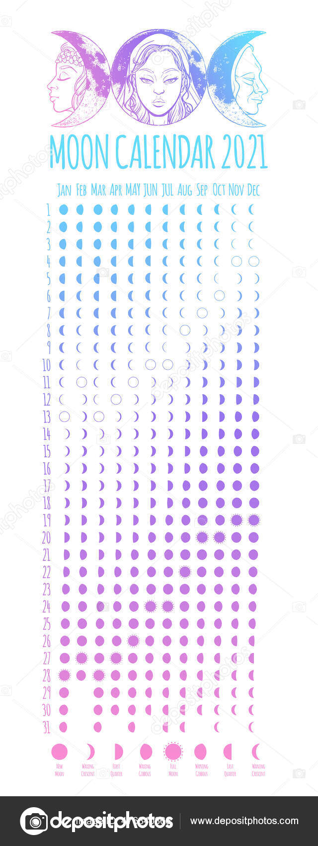 Moon Calendar 2021 Year Lunar Phases Cycles Design Illustrated Triple ...