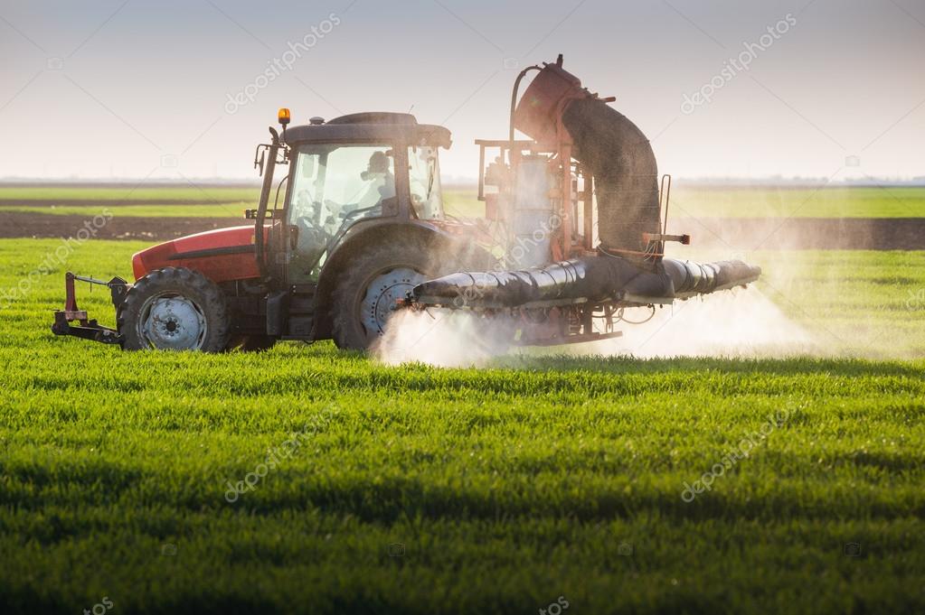 Tractor spraying wheat field Stock Photo by ©fotokostic 105183938