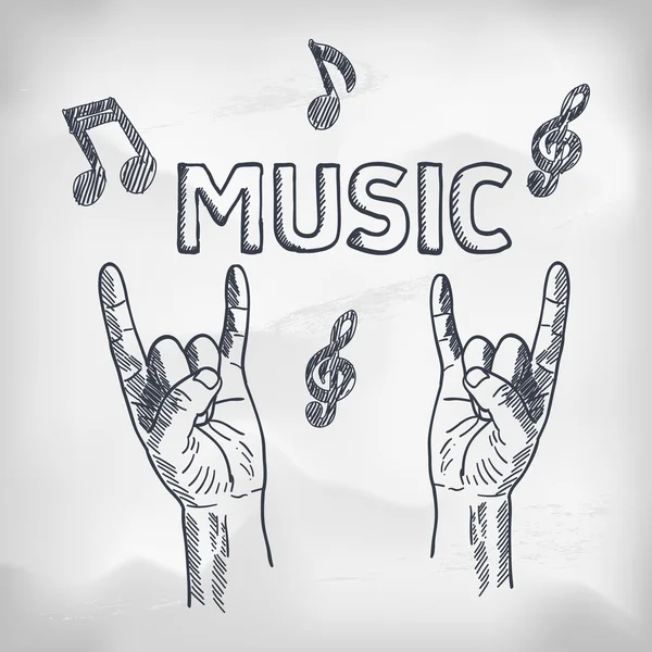 Hands with rock raised fingers. Inscription MUSIC with notes — Stock ...