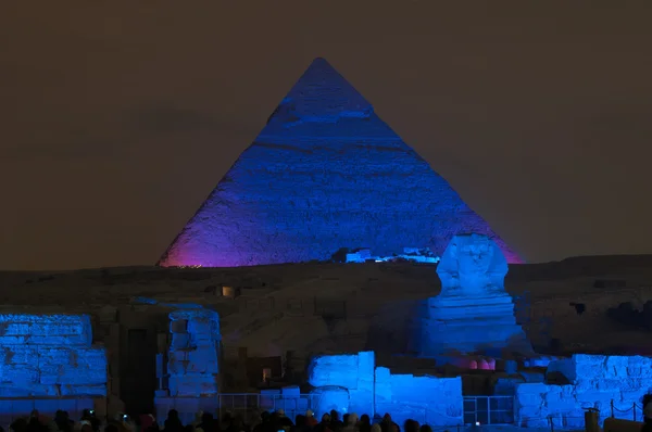 Giza Pyramid and Sphinx Light Show at Night - Cairo, Egypt - Stock ...