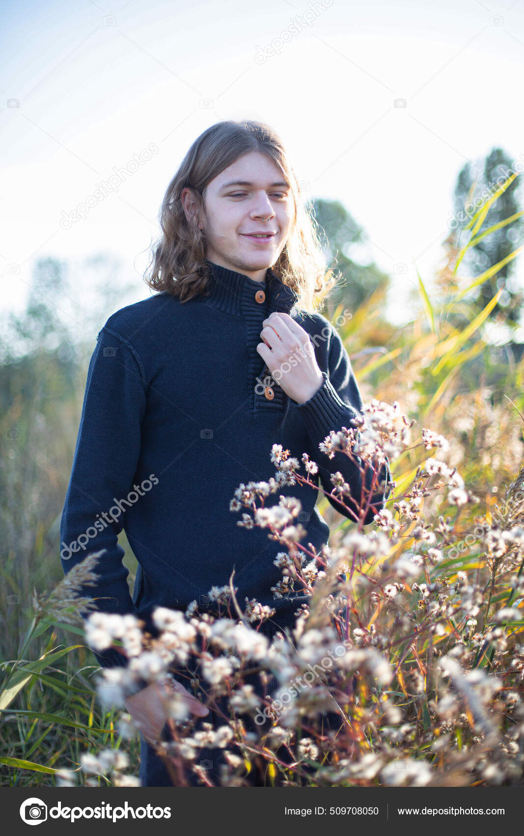 Smiling White Young Man Long Hair Trees Field — Stock Photo © PIXbank ...