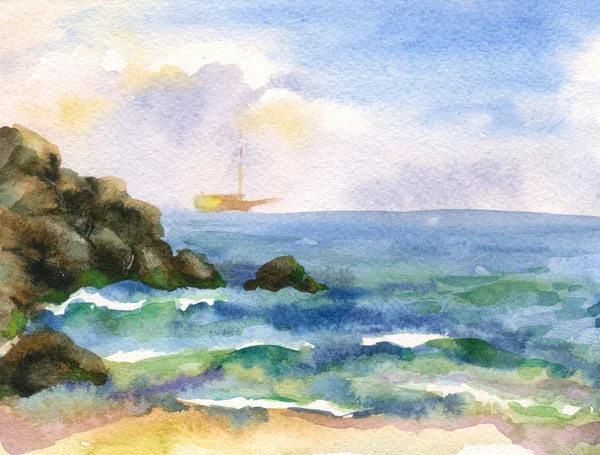 Watercolor painting seascape colorful sky. — Stock Photo © paint-mm ...