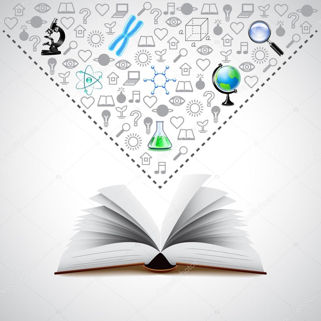 Opened book and many science icons above it — Stock Vector ...