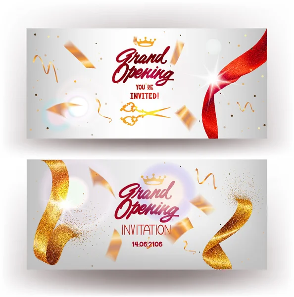 Set of grand opening vertical banners with gold sparkling ribbons ...