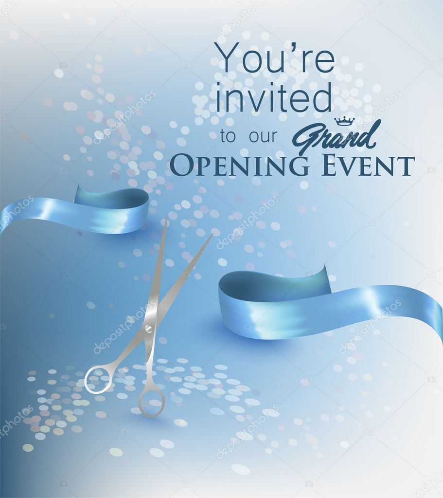 Ribbon cutting ceremony invitation card with blue cut ribbon and ...