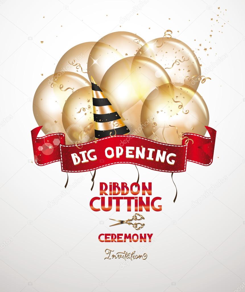Ribbon cutting ceremony invitation card with gold air balloons and red ...