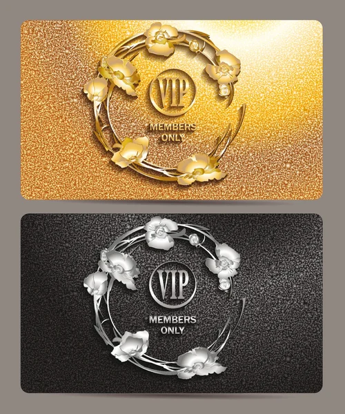 VIP gold cards with calligraphic design elements on the red background ...