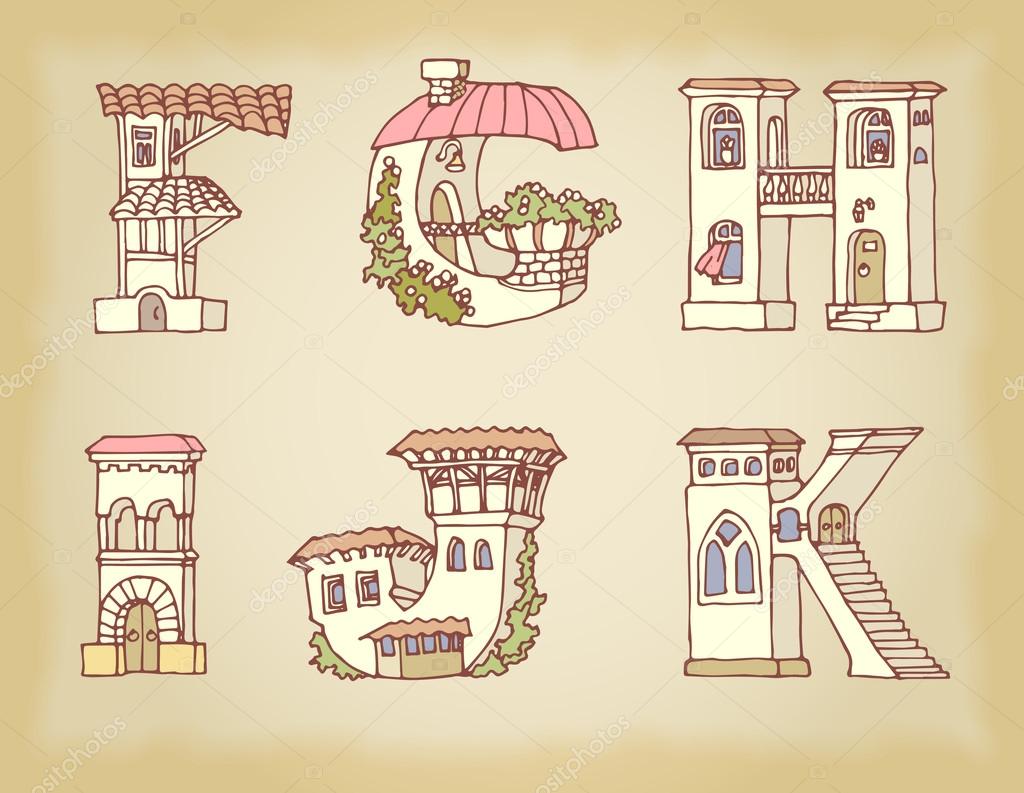 English language alphabet, letters in houses shape. Hand drawn font ...
