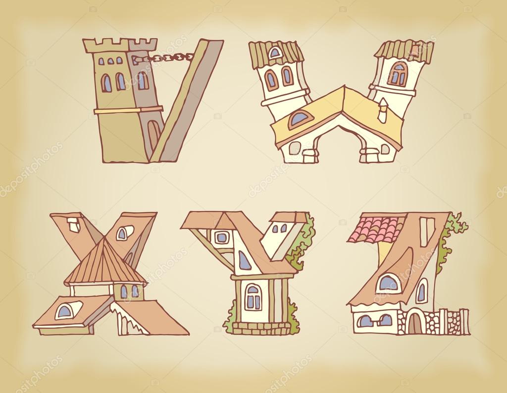 English language alphabet, letters in houses shape. Hand drawn font ...