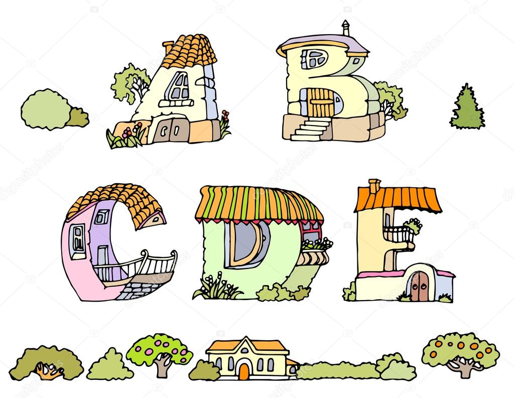 Vector Dibujado a mano Fonts.Hand dibujado fuente, letras en las casas ...