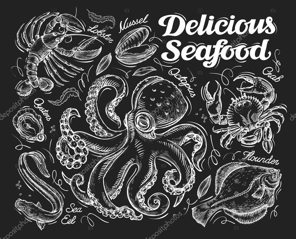 Delicious seafood. Hand drawn sketch octopus, crab, fish, flounder, eel ...