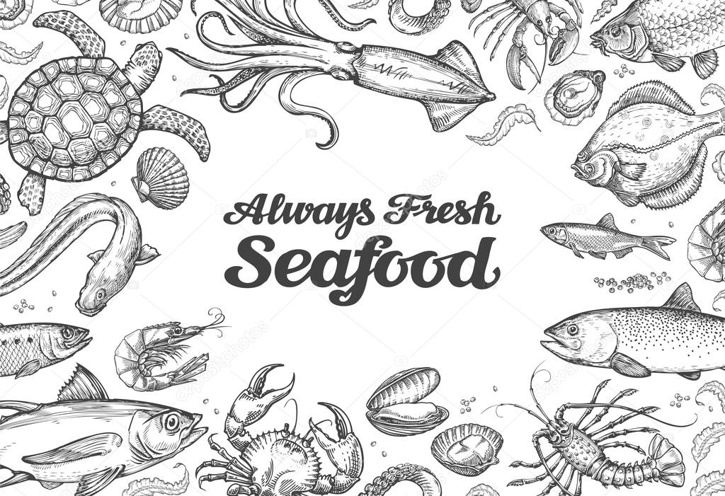 menú restaurante mariscos. recogida de alimentos a mano. folleto de ...