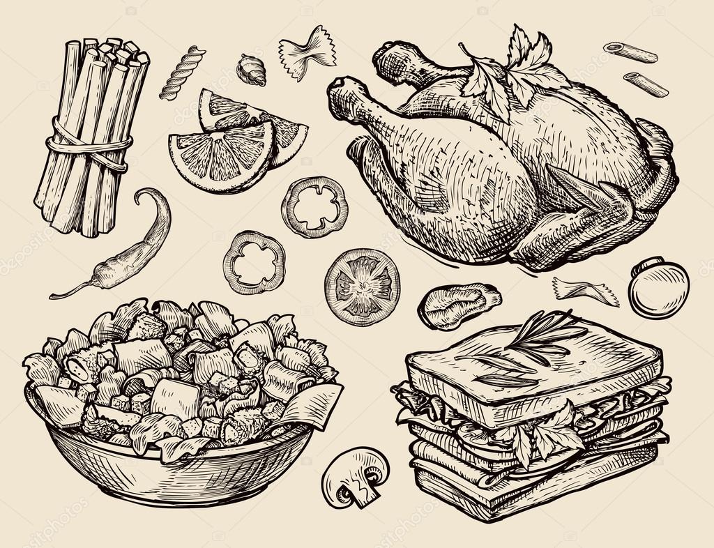 comida rápida. Pollo a la parrilla a mano, ensalada, sándwich ...