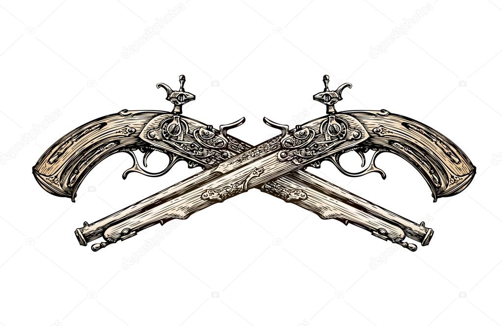 Gekruiste vintage pistolen. Hand getrokken schets oude wapen. Duel ...