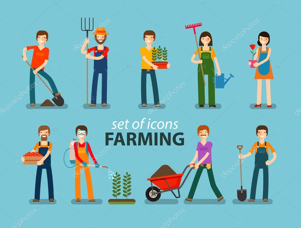 Farming and gardening icon set. People at work on the farm. Vector ...