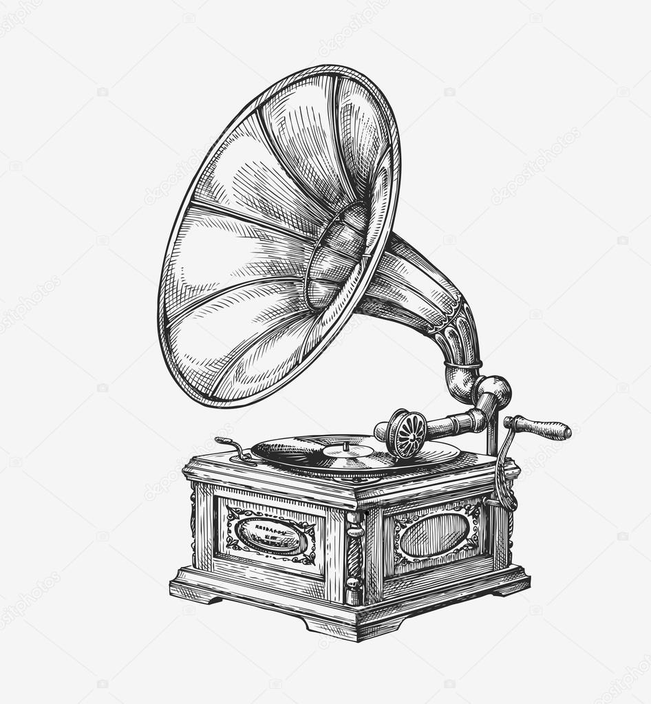 Hand-drawn vintage gramophone. Sketch music. Vector illustration Stock ...
