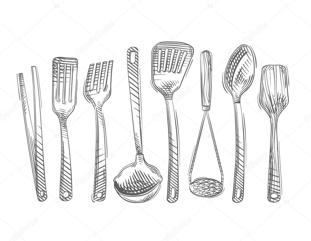 Cooking. Hand-drawn set of kitchen tools — Stock Vector ...