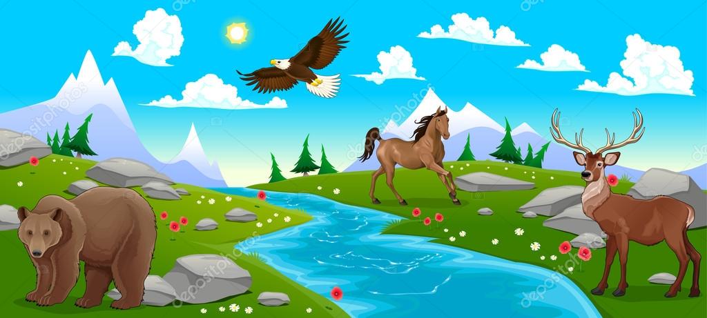 Paisaje de montaña con río y los animales — Vector de stock © ddraw ...