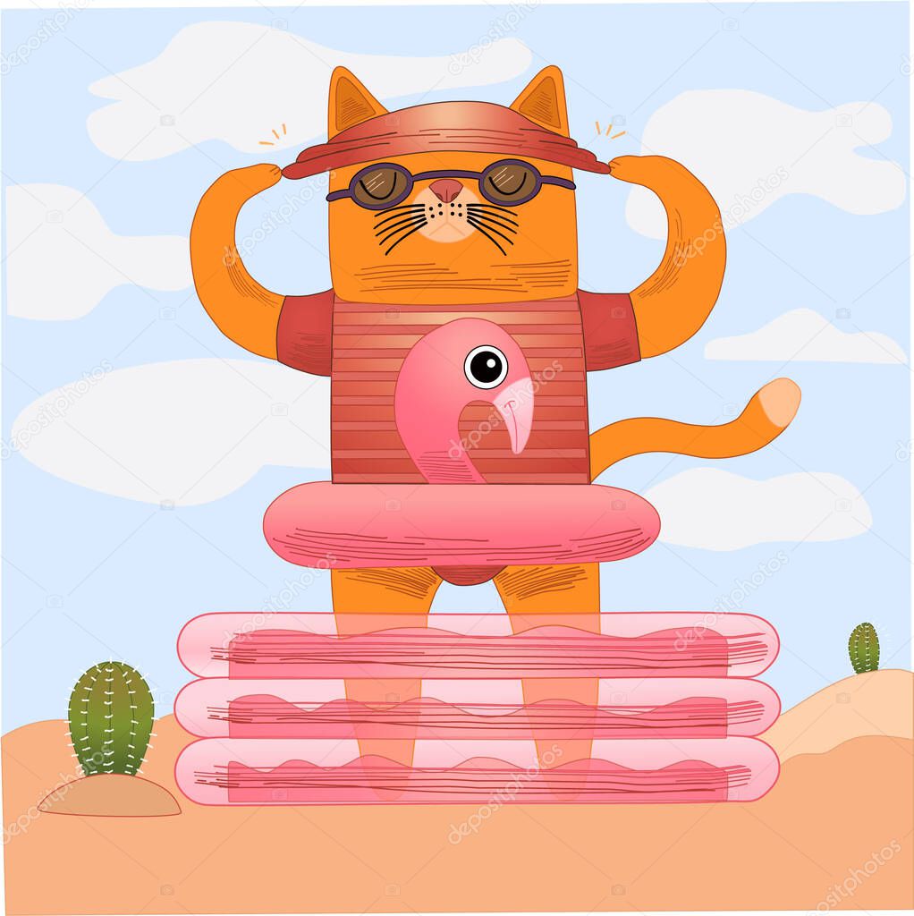 WebCat con un círculo en una piscina inflable en la playa.Personaje de ...