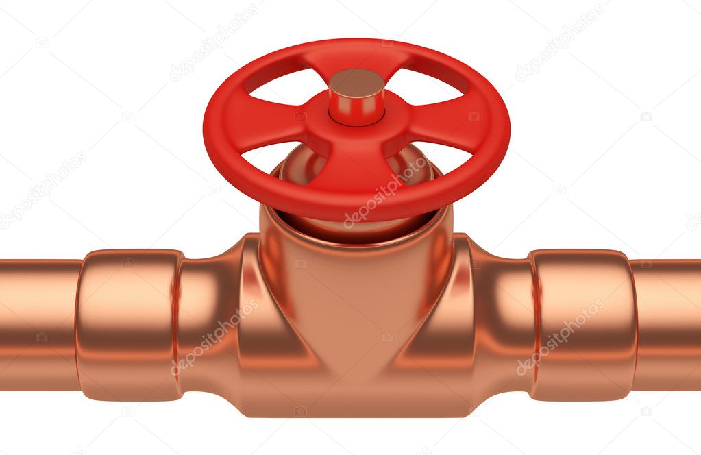 Red valve on copper pipe closeup — Stock Photo © alexeysmirnov #90597920
