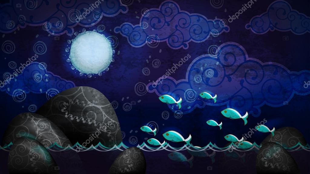 Cartoon style night seascape with full moon, flying fish and boulders ...