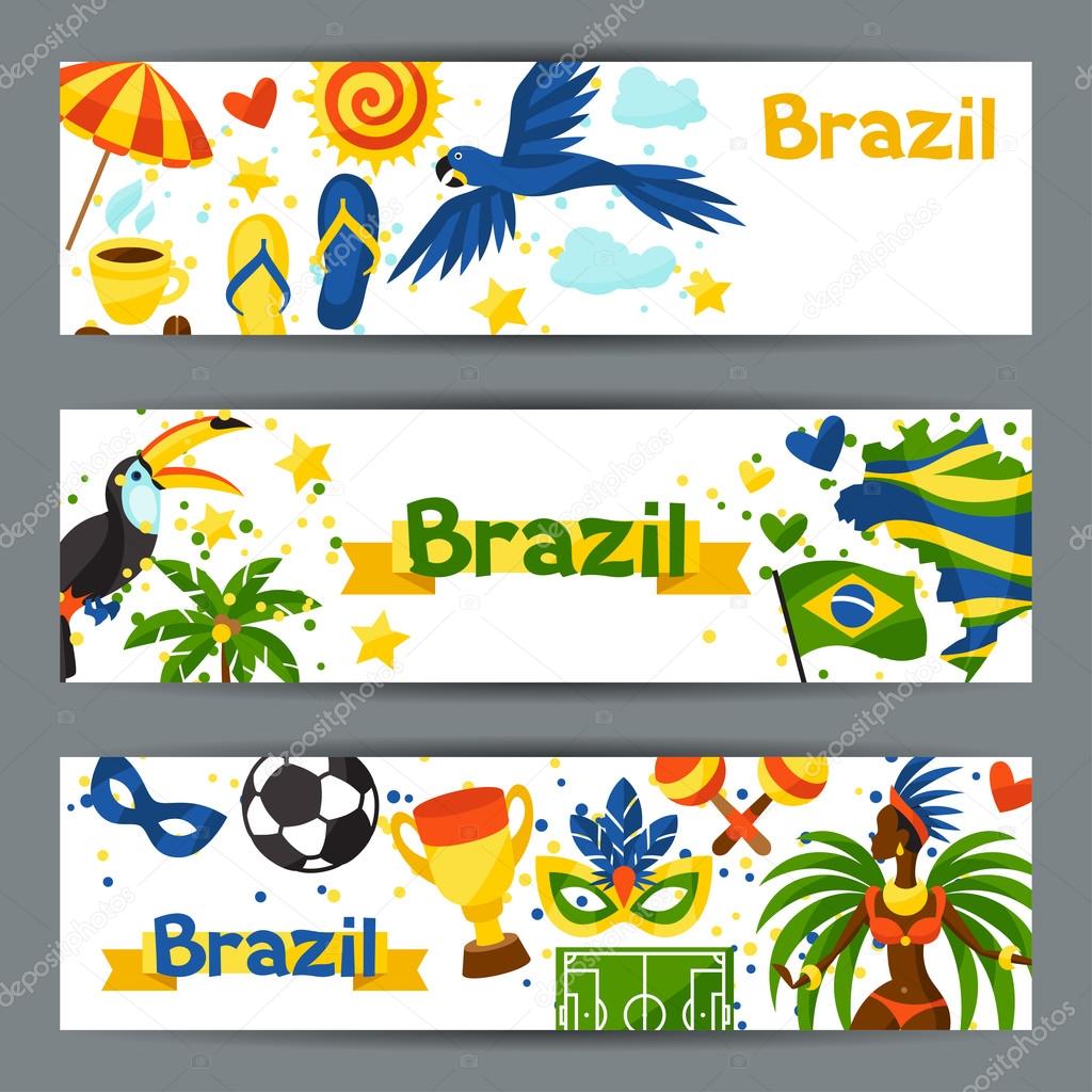 Banderas de Brasil con objetos estilizados y símbolos culturales 2022
