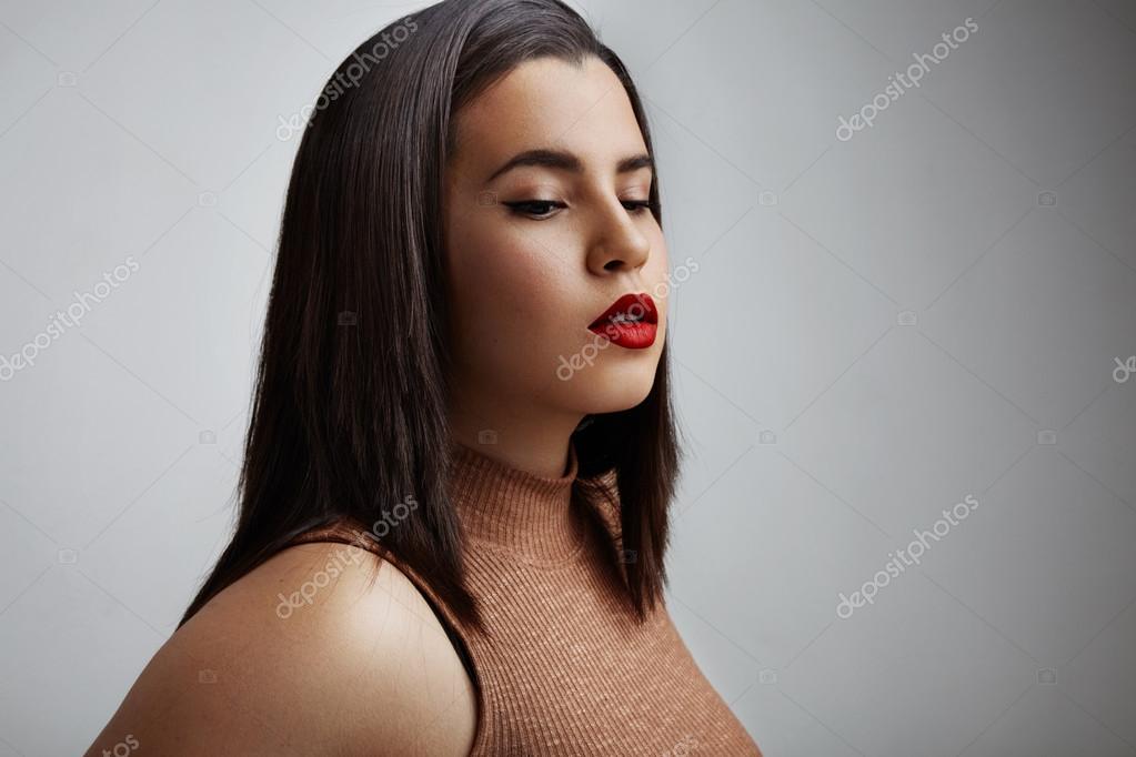 Plus size model with red lips — Stock Photo © kazzakova #96889486