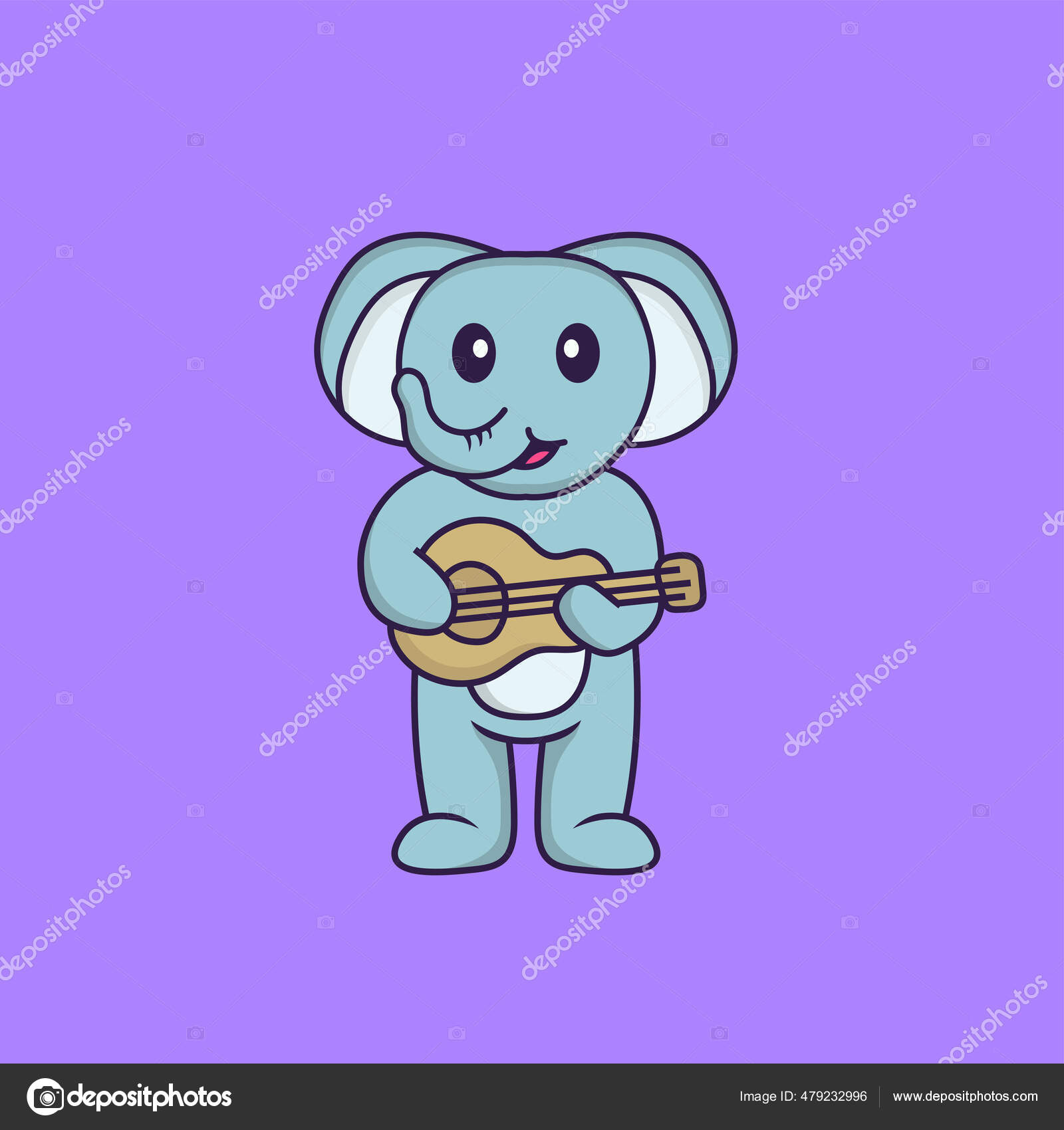 Cute Elephant Playing Guitar Animal Cartoon Concept Isolated Can Used ...