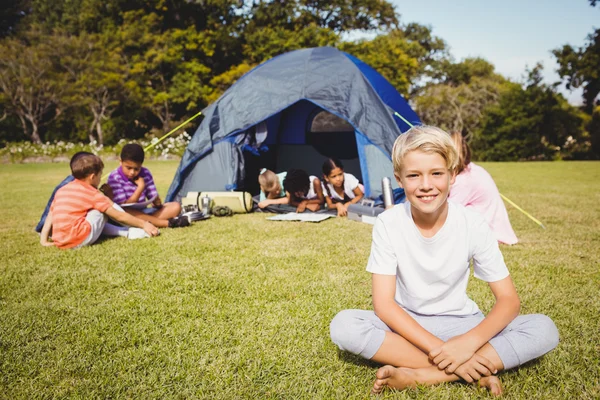 Cheerful Multicultural Kids Smiling While Lying Camp — Stock Photo ...