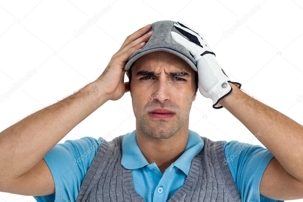 Frustrated golf player standing on white background Stock Photo by ...