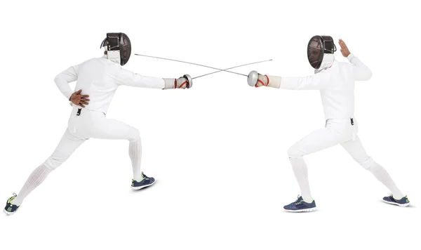 Men in fencing suits practicing with swords Stock Photo by ...