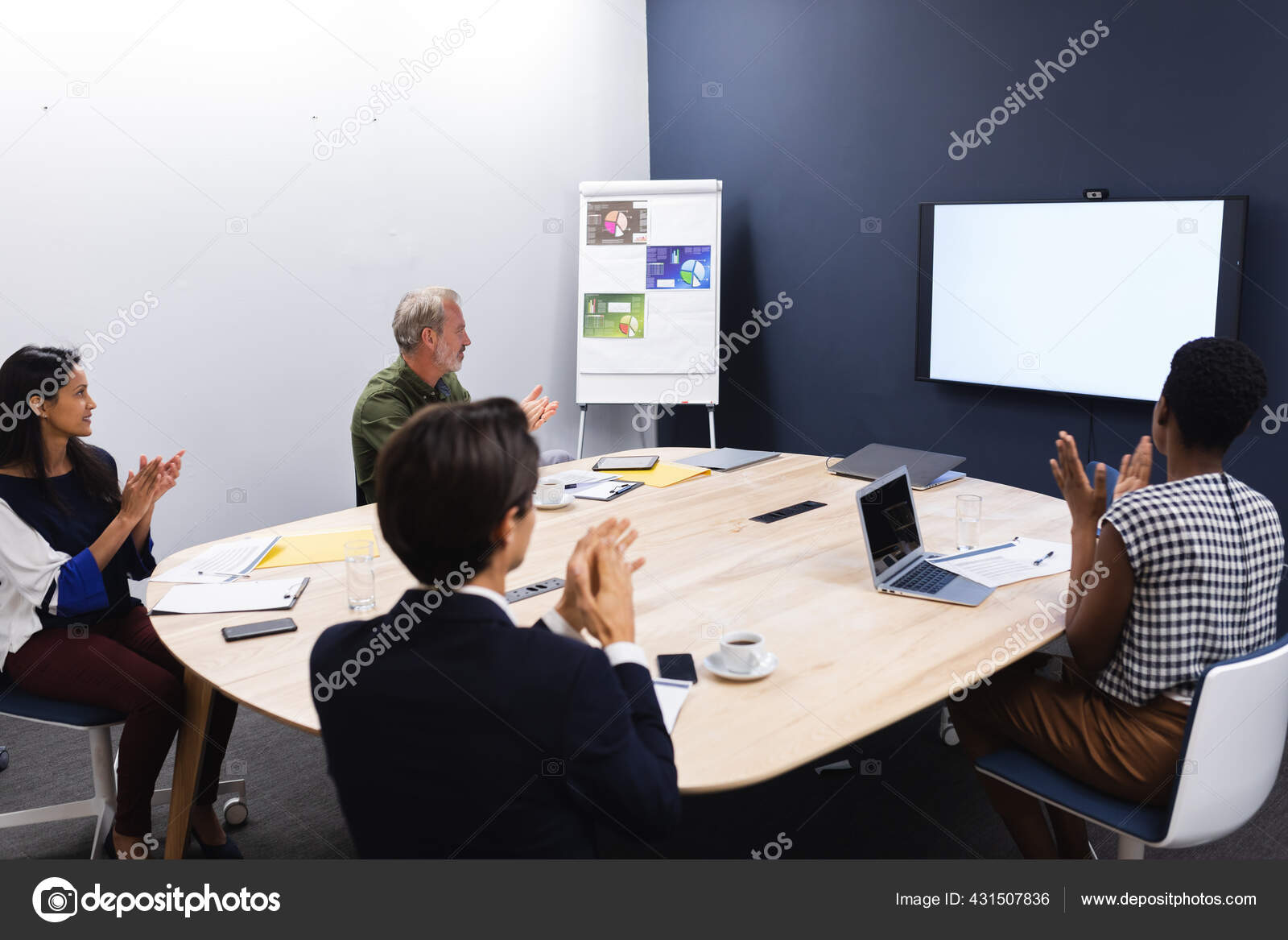 Diverse Group Work Colleagues Sitting Table Clapping Small Creative ...
