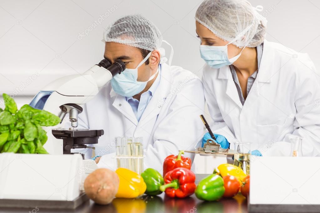 Food scientists using the microscope for research — Stock Photo ... Food scientists using the microscope for research — Stock Photo ...