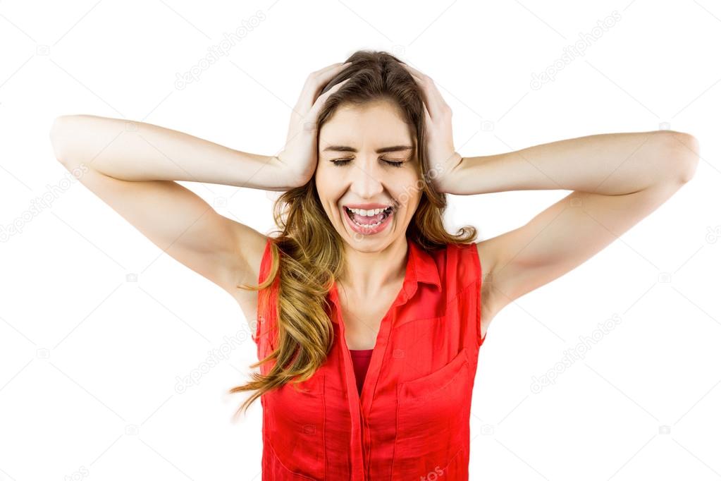 Woman shouting with hands on head Stock Photo by ©Wavebreakmedia 73425929