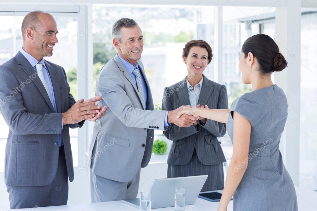 Interview panel shaking hands with applicant — Stock Photo ...