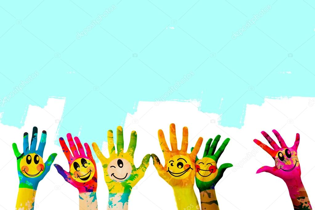 Hands with colourful smiley faces Stock Photo by ©Wavebreakmedia 84423190