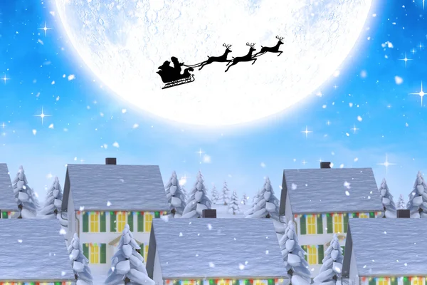 Christmas Night Scene Santa Claus Rides Reindeer Sleigh In Front Of