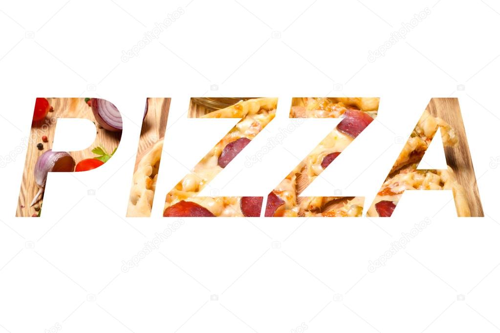 Word PIZZA over prepared pizza with smelted cheese — Stock Photo ...