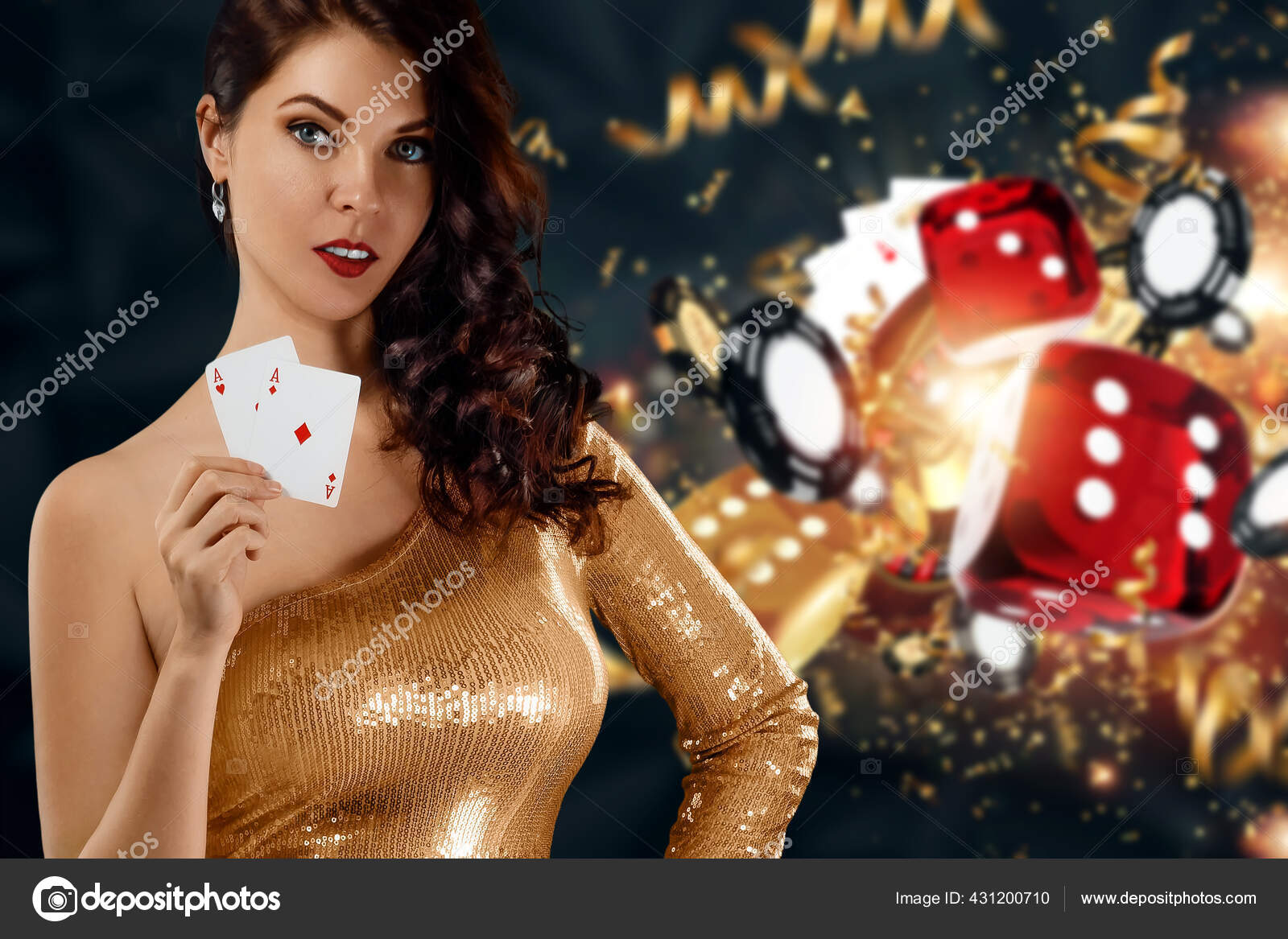 Beautiful Young Girl Gold Dress Holds Playing Cards Her Hands — Stock Photo © MarkoAliaksandr ...