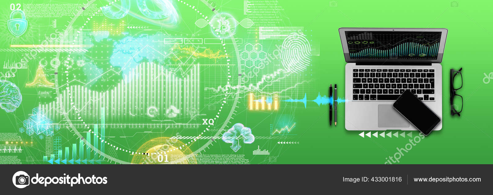 Financial Chart Hologram Graph Office Laptop Top View Concept Analytics ...