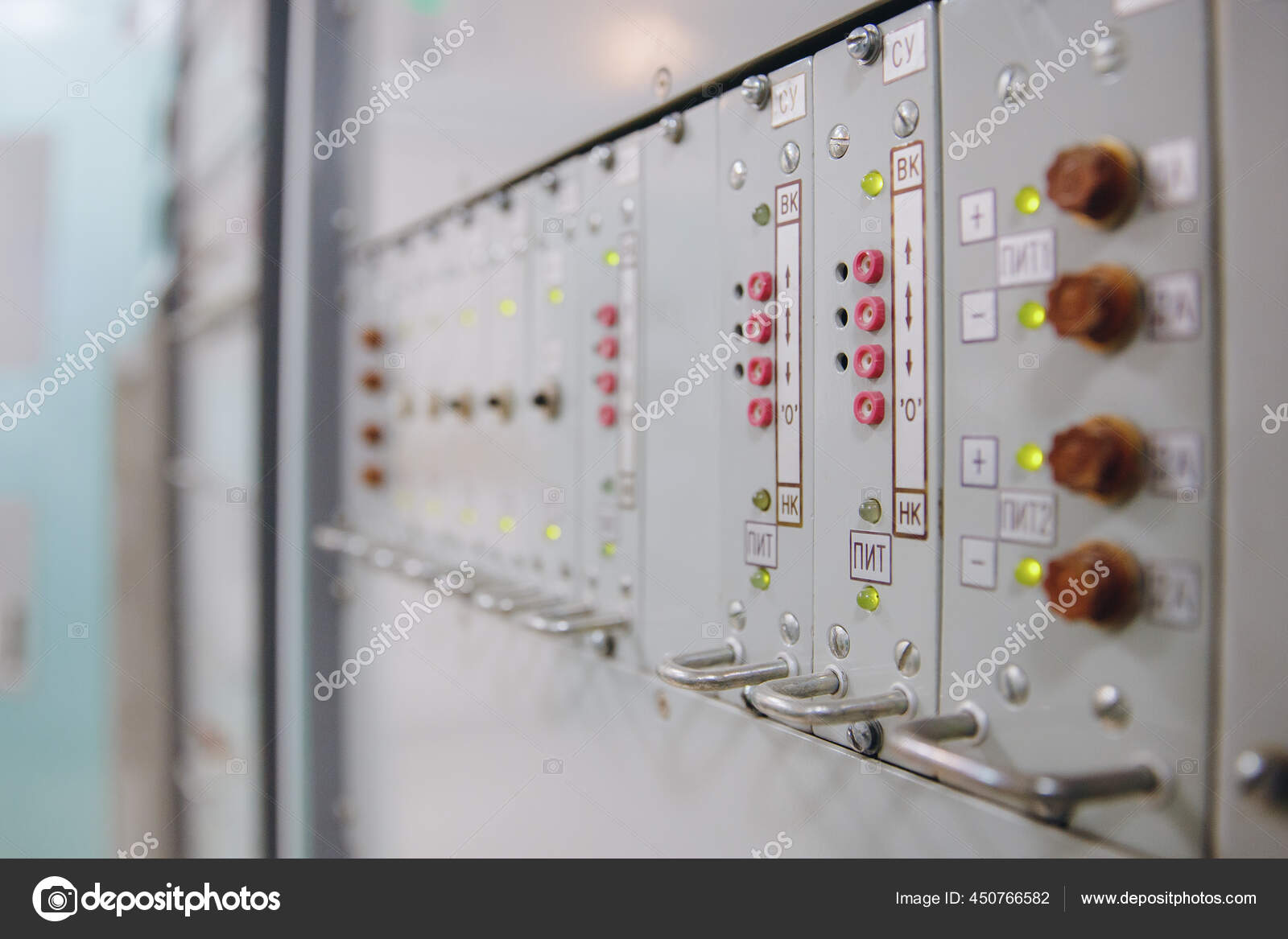 Close-up of buttons and switches control panel of nuclear power plant ...