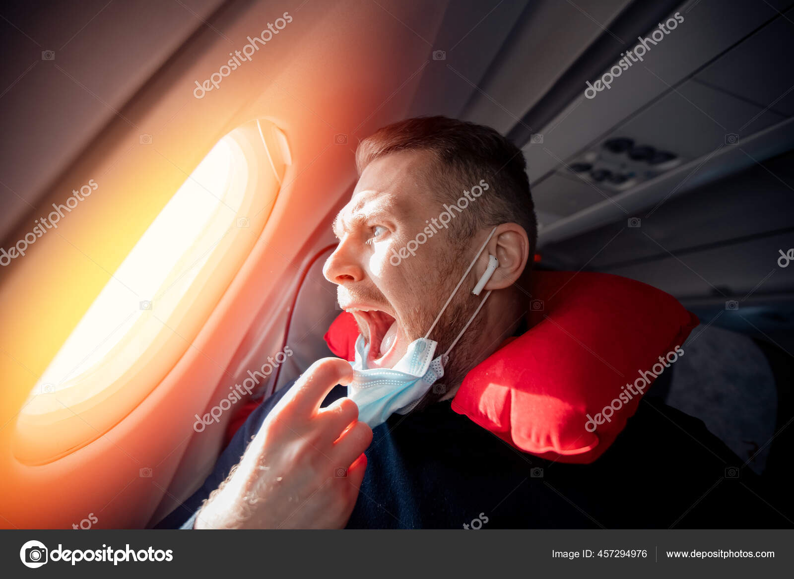 Concept aerophobia or aviophobia. Afraid of fear flying on airplane and ...