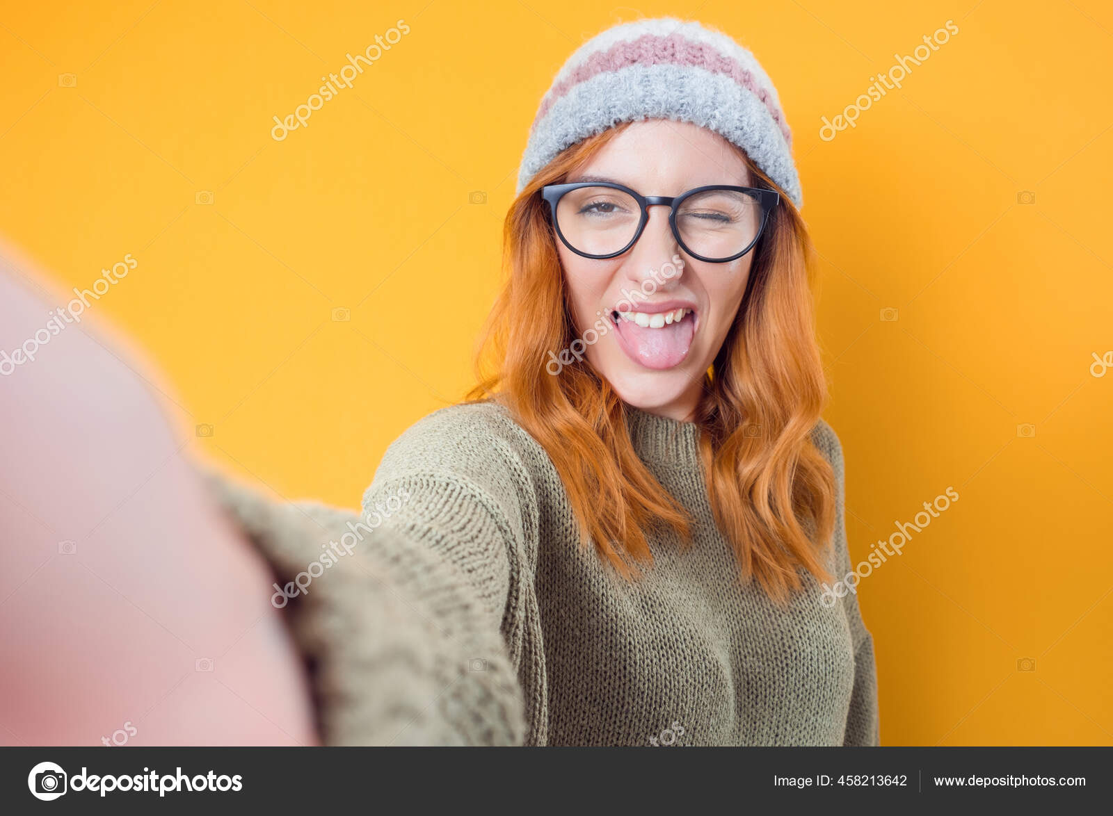 Selfie Close Funny Mocked Woman Takes Photo Himself Her Smartphone