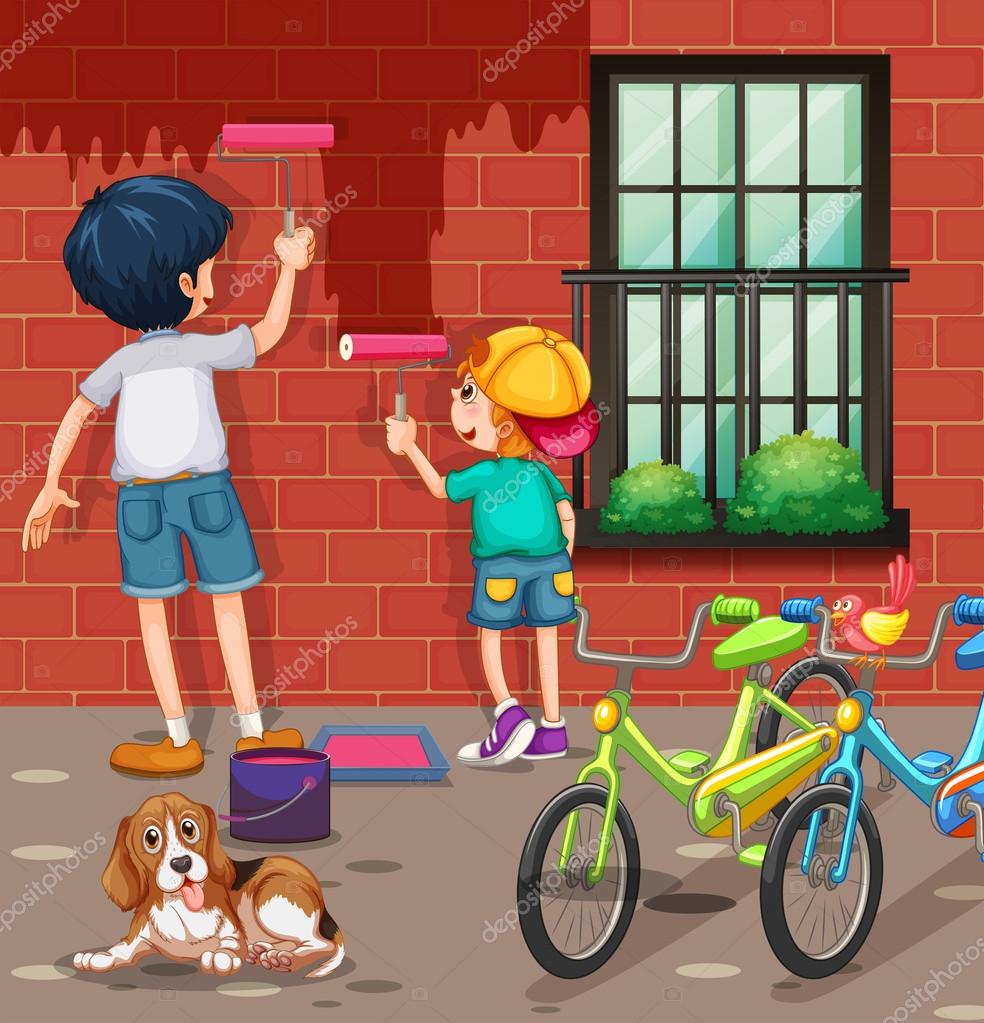 Dos chicos pintando la pared de rojo Vector de stock por ...