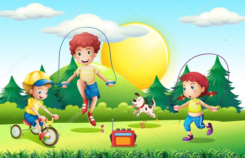 Kids jumping rope in the park Stock Vector by ©interactimages 109683896