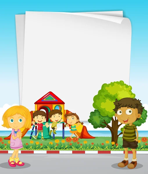 Frame template design with kids drawing in the park background — Stock ...