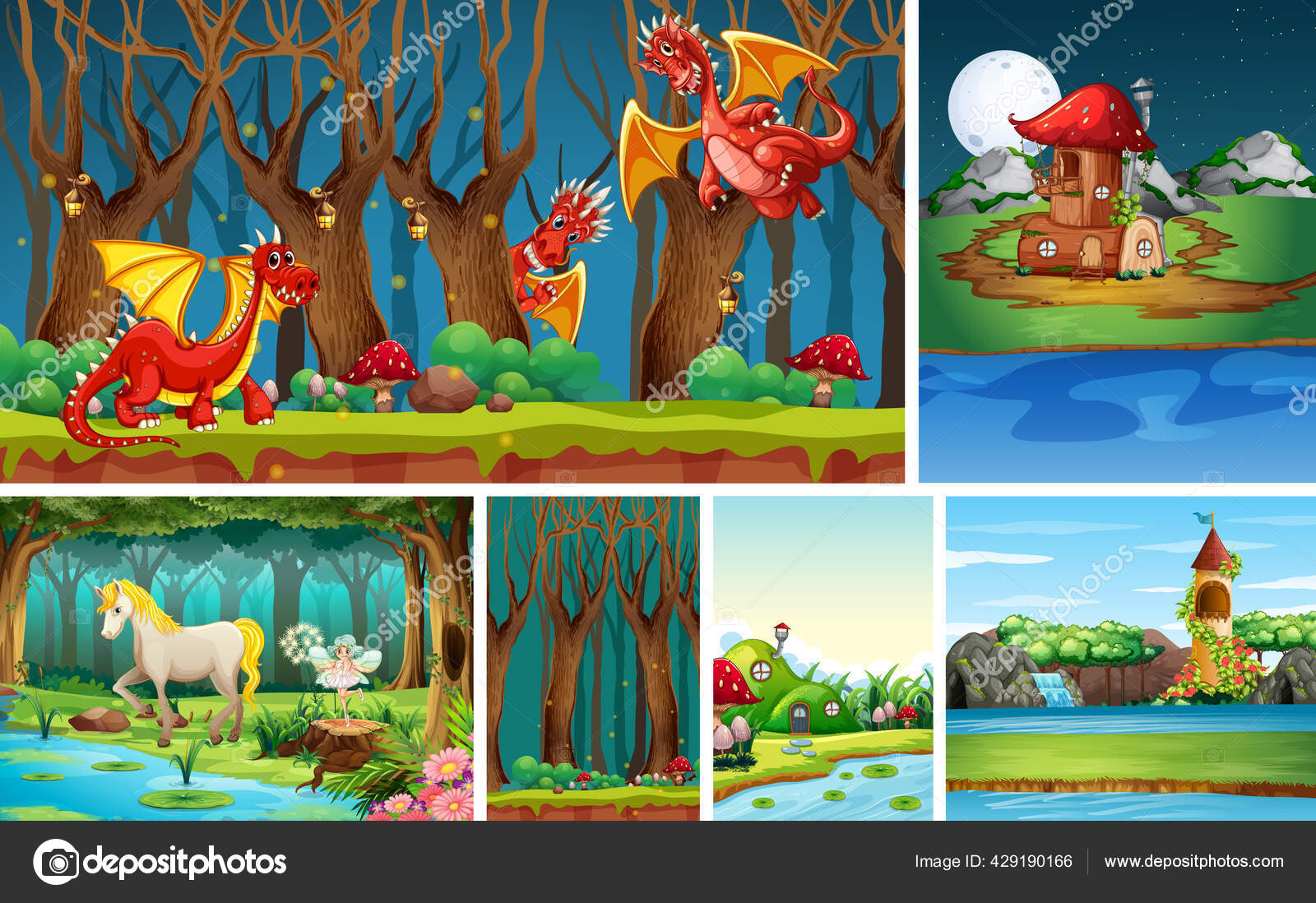 Six Different Scene Fantasy World Dragon Fantasy Places Illustration ...