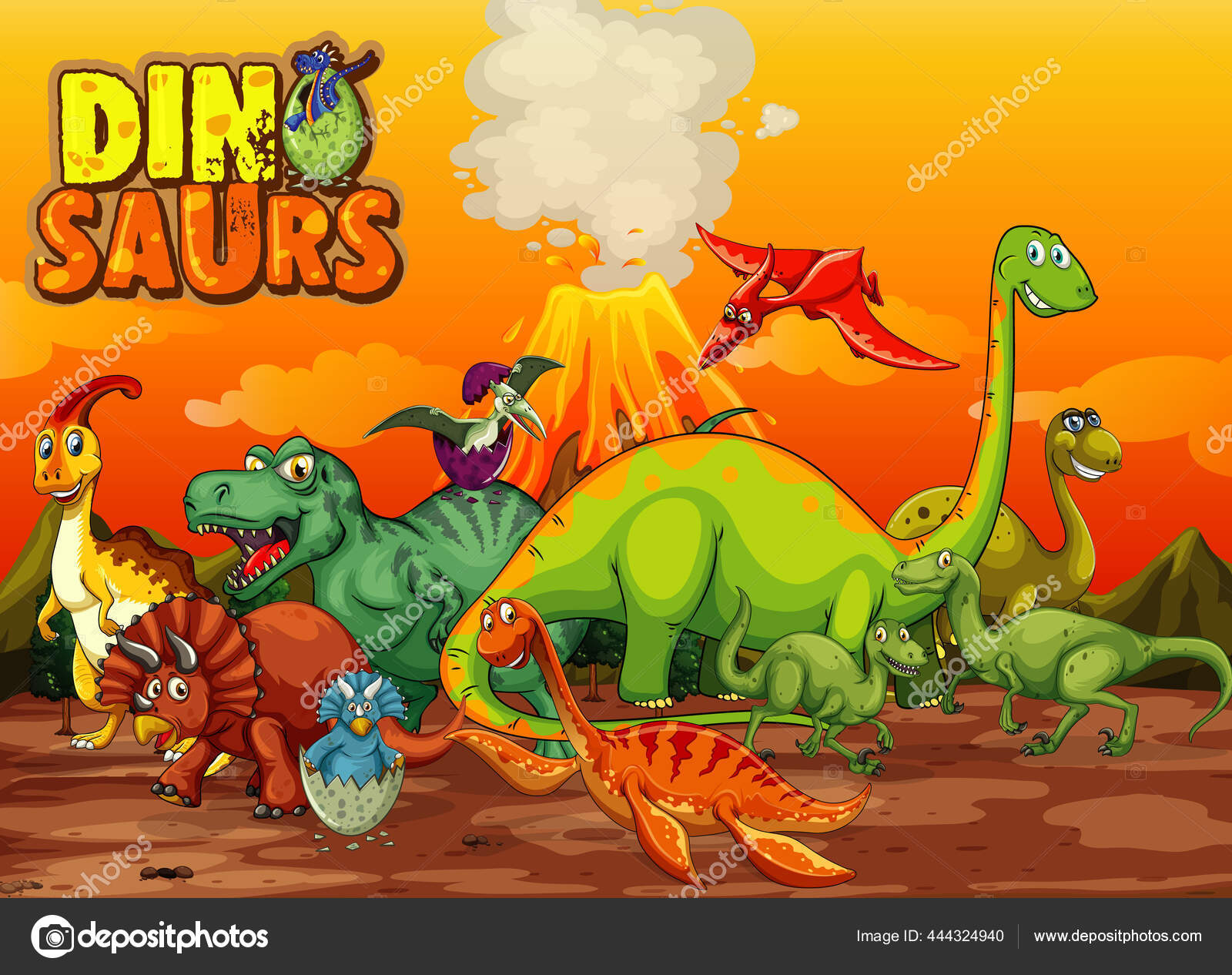 Dinosaurs Cartoon Character Nature Scene Illustration Stock Vector ...