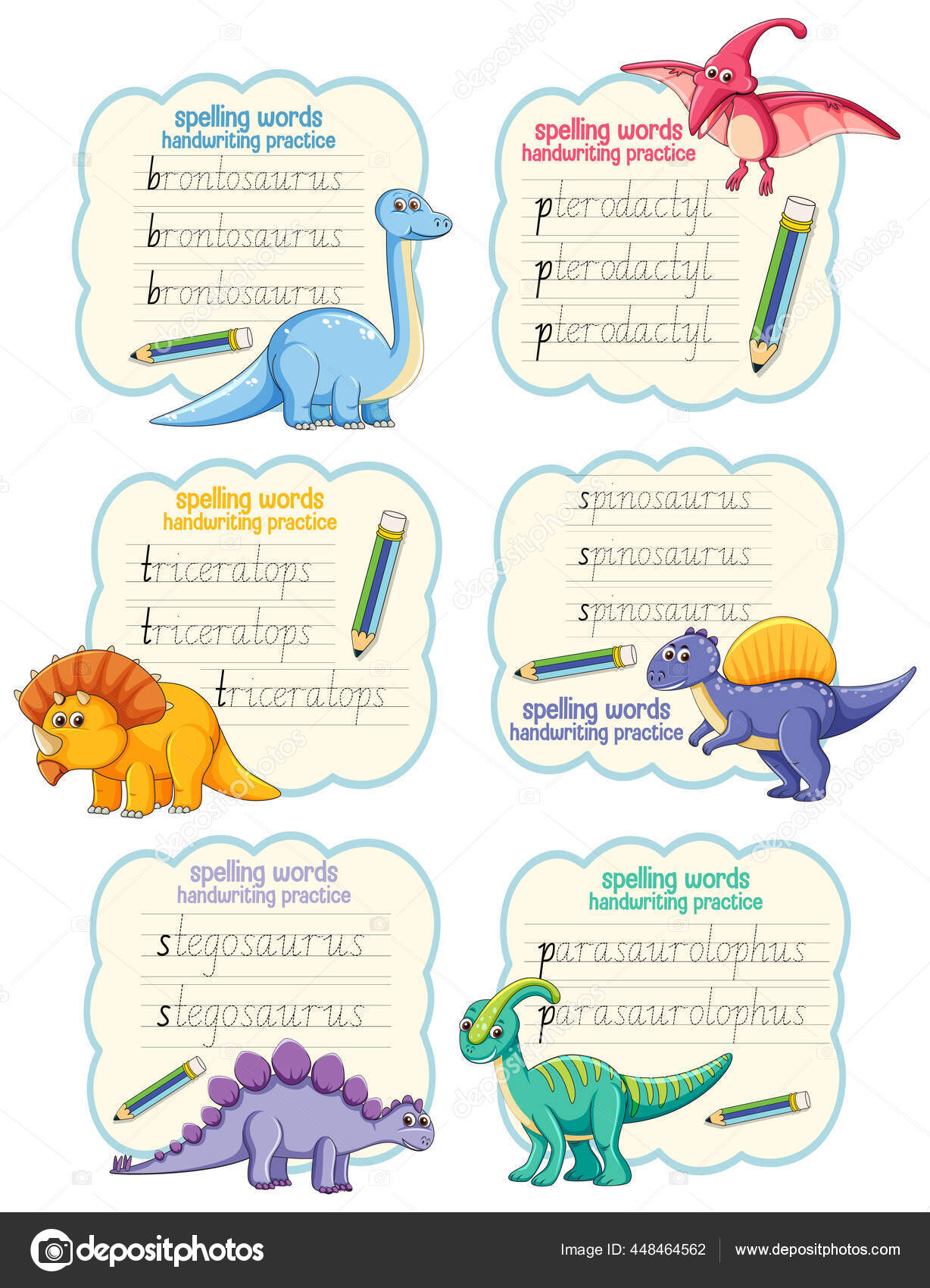 Conjunto Palabras Ortografía Dinosaurio Escritura Manual Hoja Trabajo ...